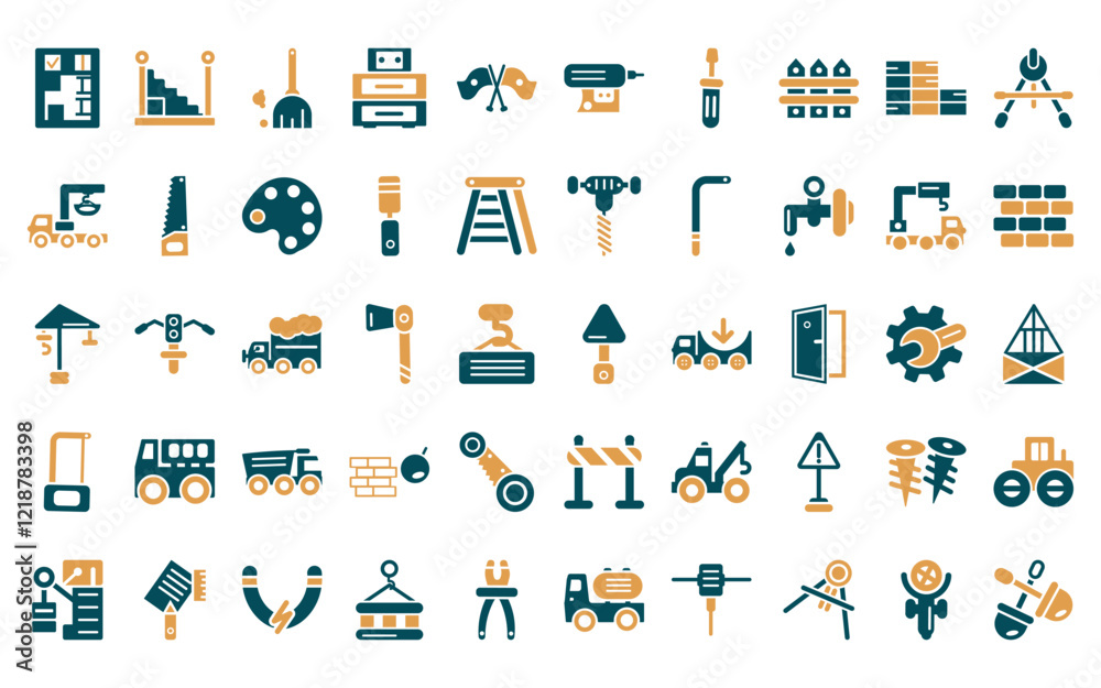 50 linear construction icon pack. vector thin line jackhammer, beam ...