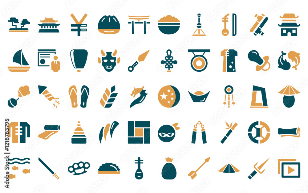 50 linear asian icon pack. vector thin line china, forbidden city, yuan ...