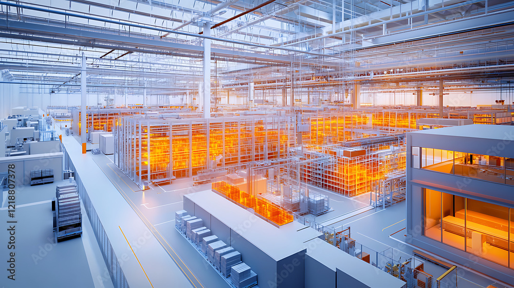 Factory interior with areas of high activity highlighted in warm colors ...