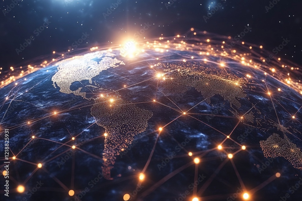 Visual representation of global connectivity showing illuminated continents and a network of ...