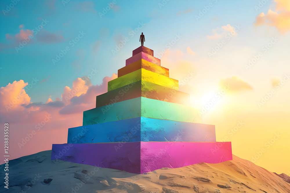Pyramid of multi-colored blocks with a human figure on top. Concept ...