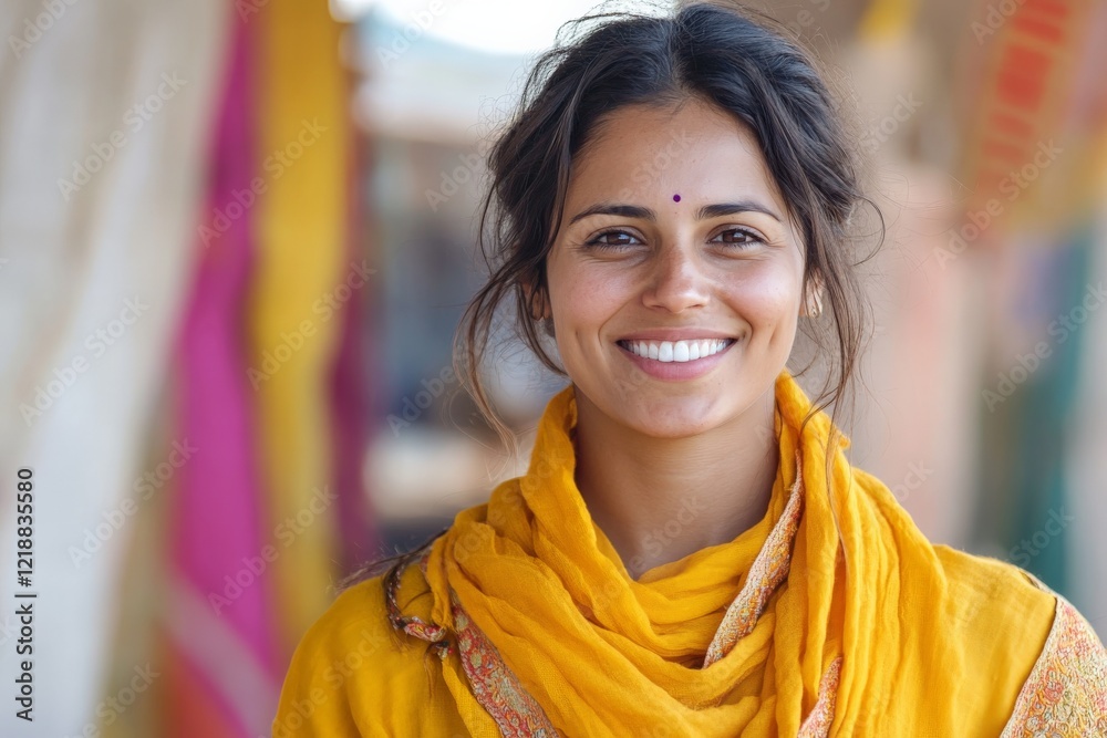 Smiling woman in yellow attire with a bindi in a vibrant market setting ...