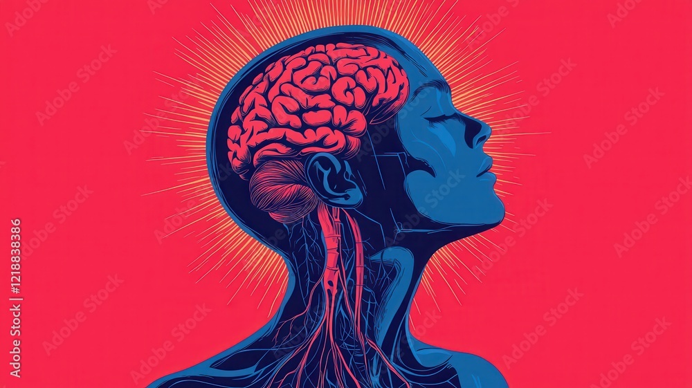Abstract Illustration of Female Head with Visible Brain and Nerves Red ...