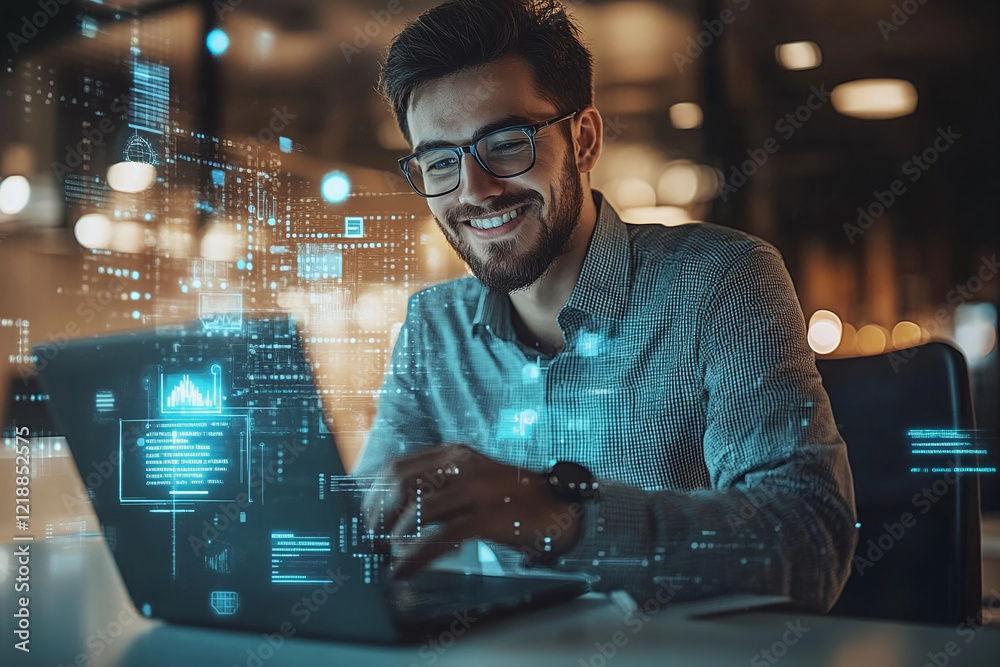 Profile of a young man with eye glasses, focused on digital code lines ...