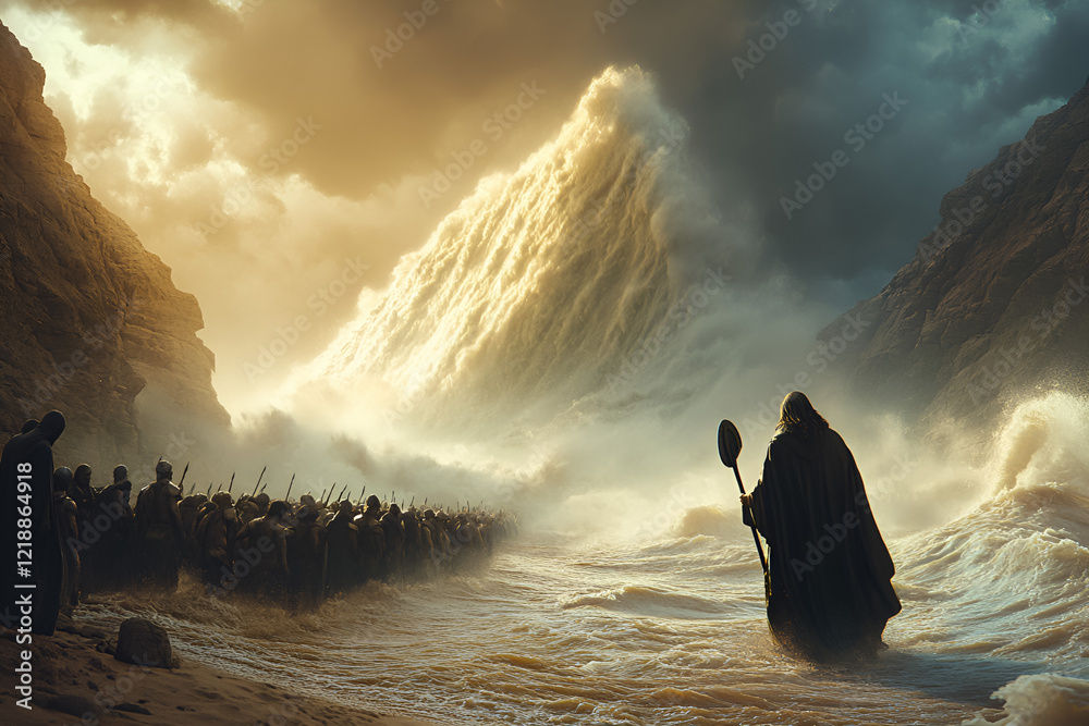 Moses parting the Red Sea, with towering waves held back and an army ...