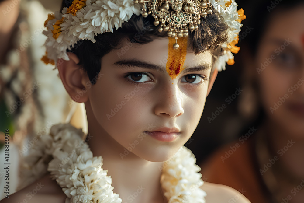 young boy adorned with garlands and tilak during the Upanayanam, a ...