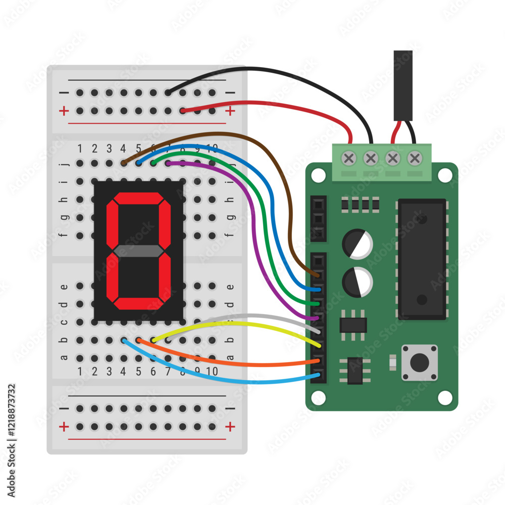 Microcontroller Connected To A Breadboard Circuit With A Seven Segment Indicator Vector
