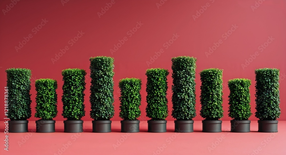 Cylindrical bushes aligned perfectly on a plain cherry red background ...
