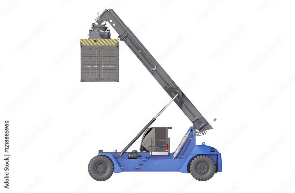 Blue reach stacker with a black shipping container. Side view. Isolated ...