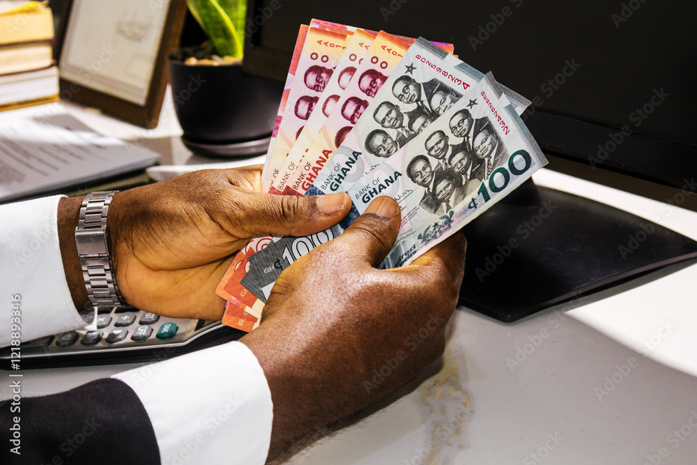 Young black african man wearing suit sitting at office desk holding and ...