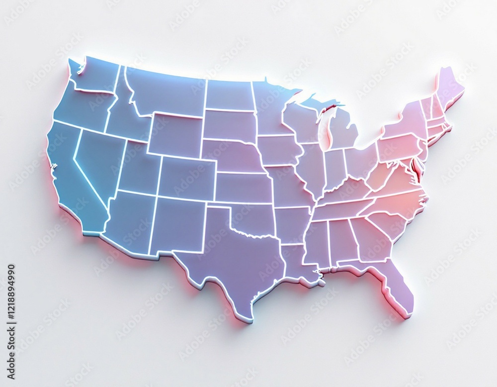 Outline Map of the United States of America Featuring States in neon ...
