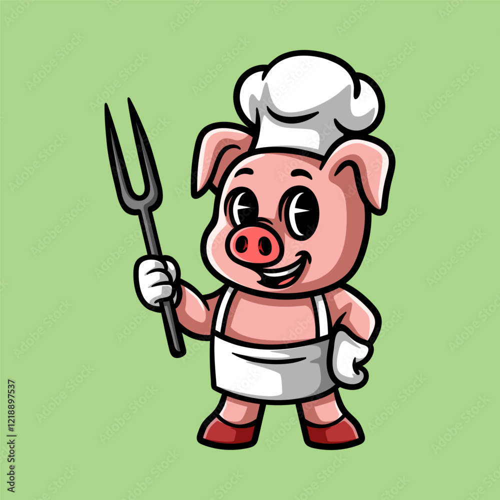 fun pig grill chef cartoon colored character isolated drawing line art ...