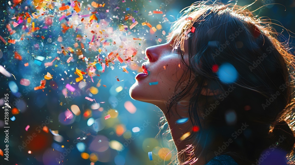 Side profile of a girl popping a confetti cannon, the scene bursting ...