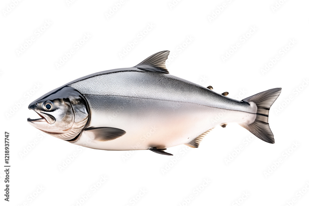 Raw salmon fish with detailed fins and scales, isolated on white ...