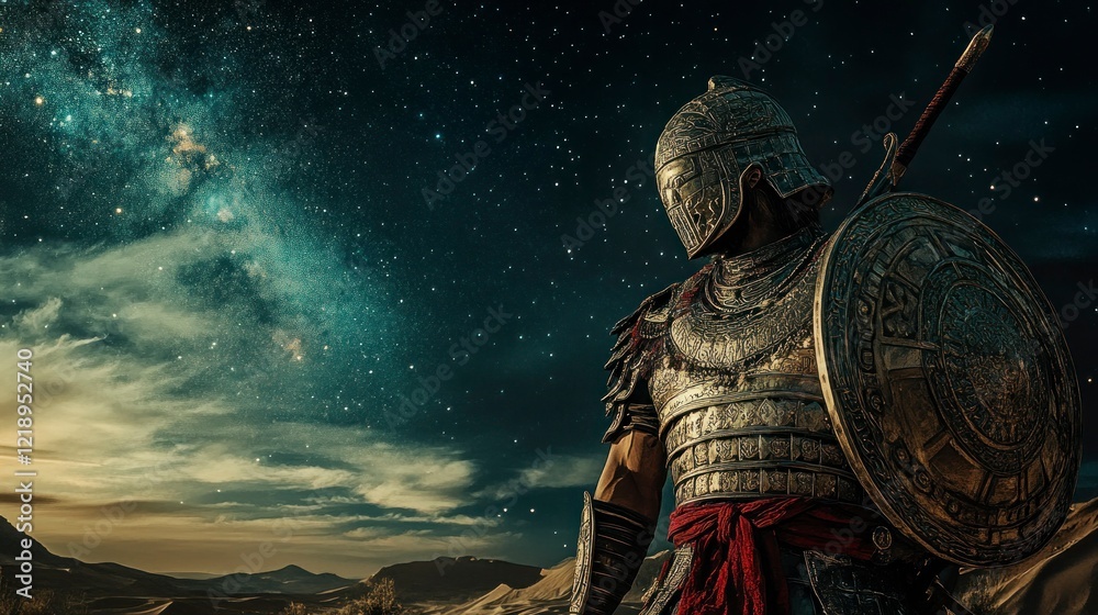Epic battle pose of persian warrior in lamellar armor under starry sky ...