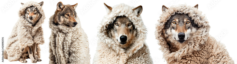 A unique and creative portrait of a wolf wrapped in a cozy, fluffy ...