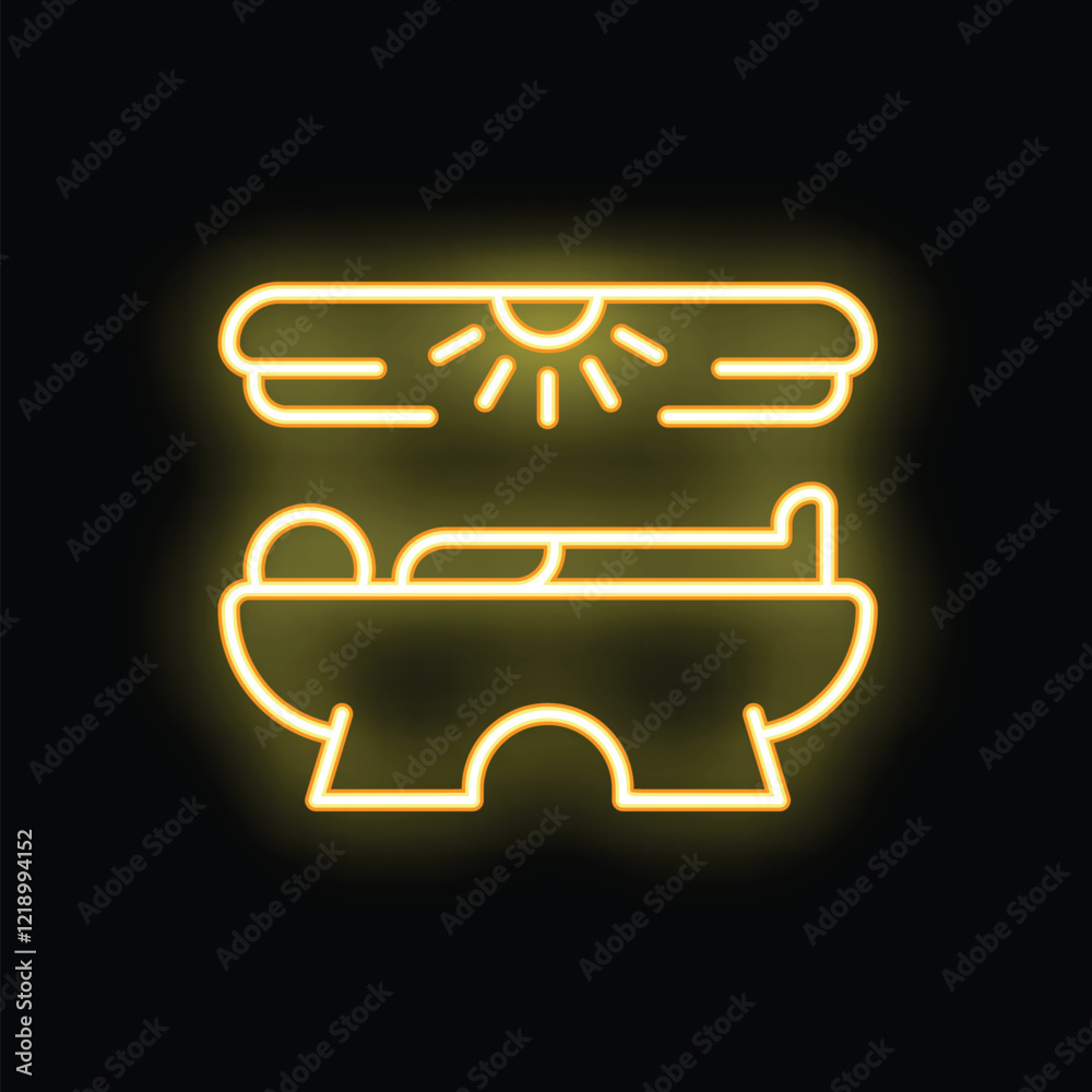 Yellow glowing neon sign depicting a solarium tanning bed emitting uv ...