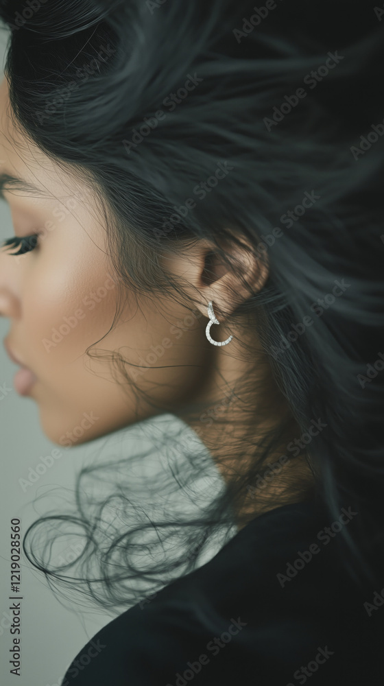 Woman with her hair blowing in the wind. Model poses for the camera in ...