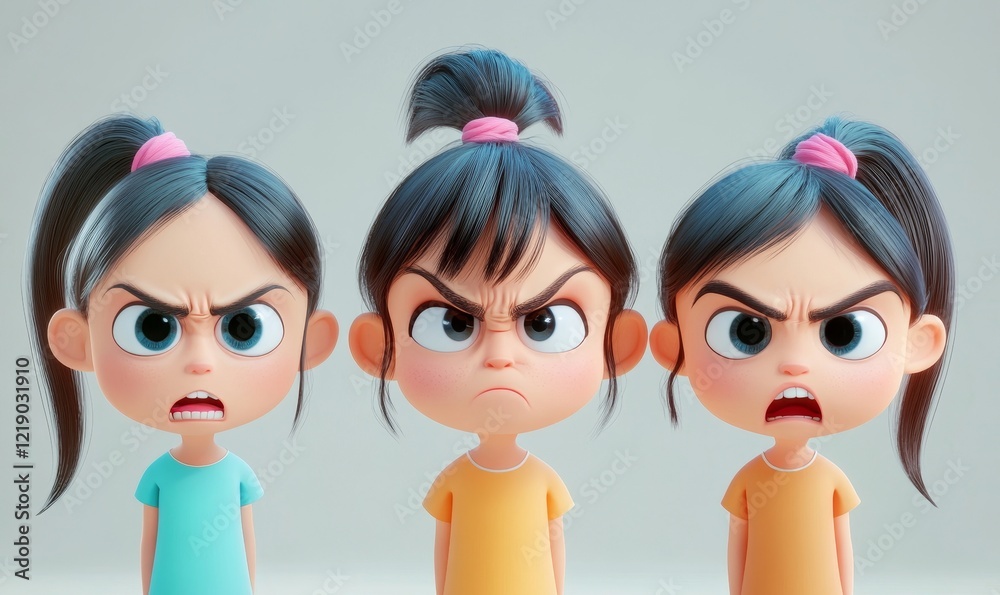 Angry Stressed Cartoon Girls Trio Portrait in 3D Style - Child Teen ...