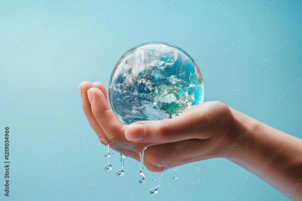 Hand holding fragile glass globe isolated on blue background with water ...