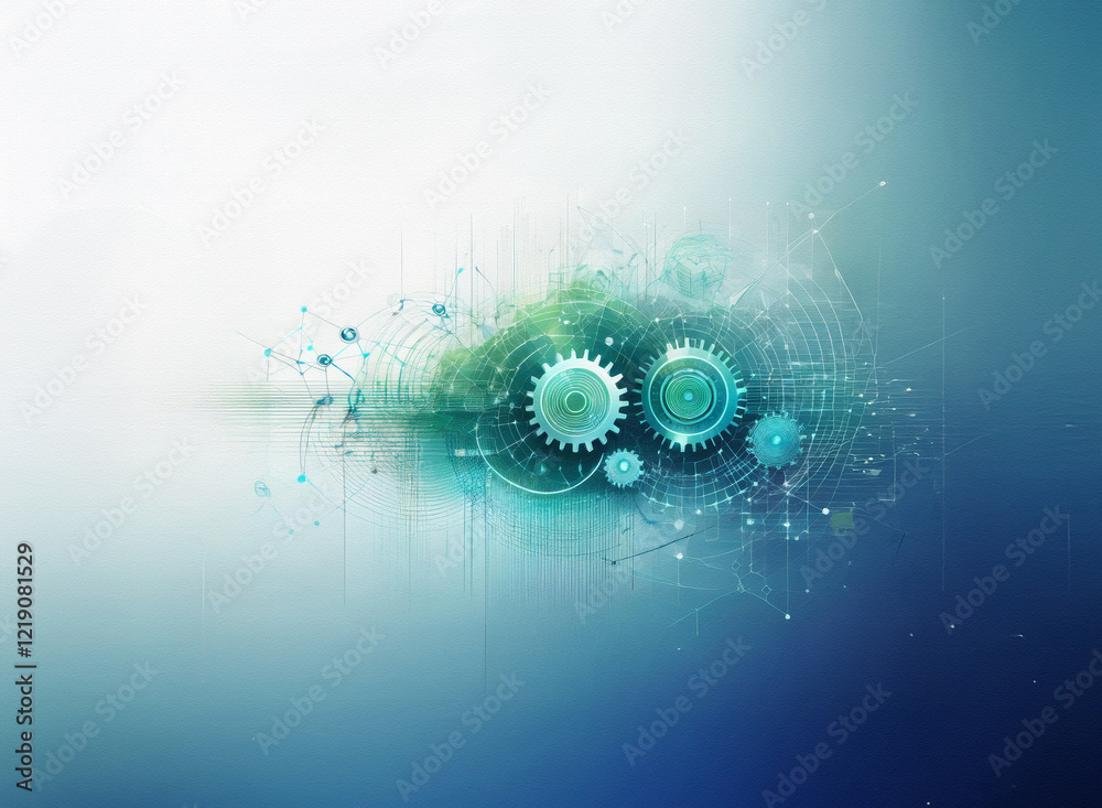 Abstract digital art depicting interconnected gears, nodes, and a ...