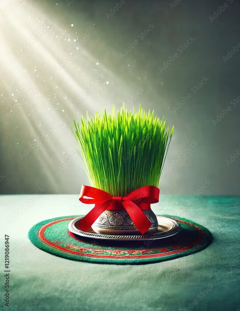 Nowruz holiday samani grass with red ribbon. Persian New Year Novruz ...