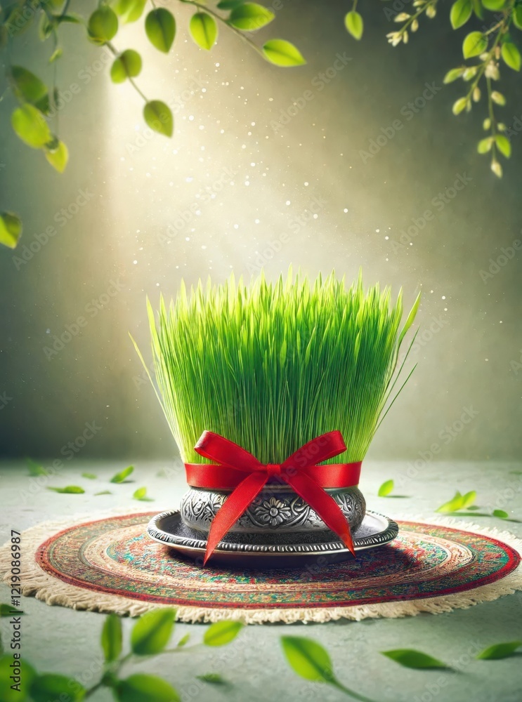 Nowruz holiday samani grass with red ribbon. Persian New Year Novruz ...