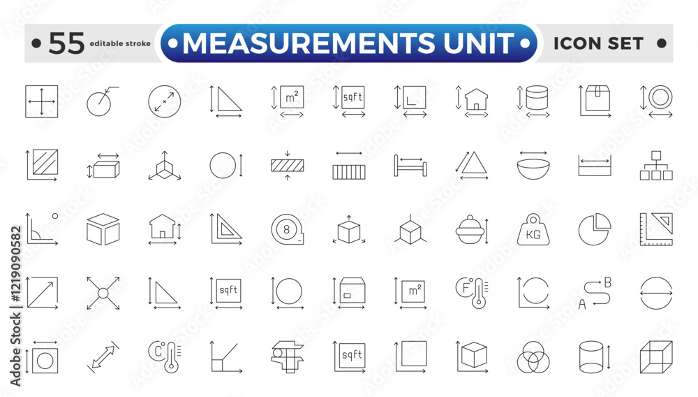 Measurement outline icons set with Measure, Area, Dimension, Distance ...