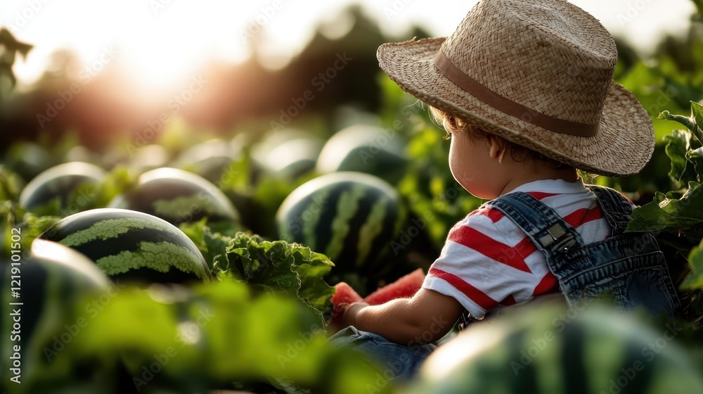 A child sits among ripe watermelons, wearing a straw hat, fully ...