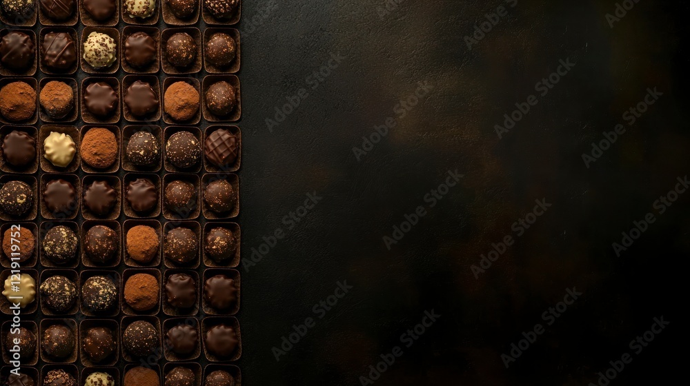 Dark background with various types of chocolates and truffles on the ...