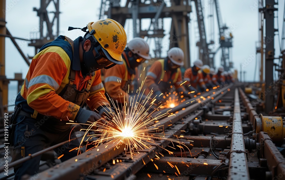 Offshore workers welding metal on an oil platform, with sparks flying ...