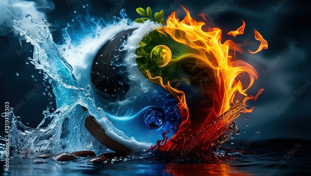 Yin yang symbol, fire and water elements, cosmic balance, swirling ...