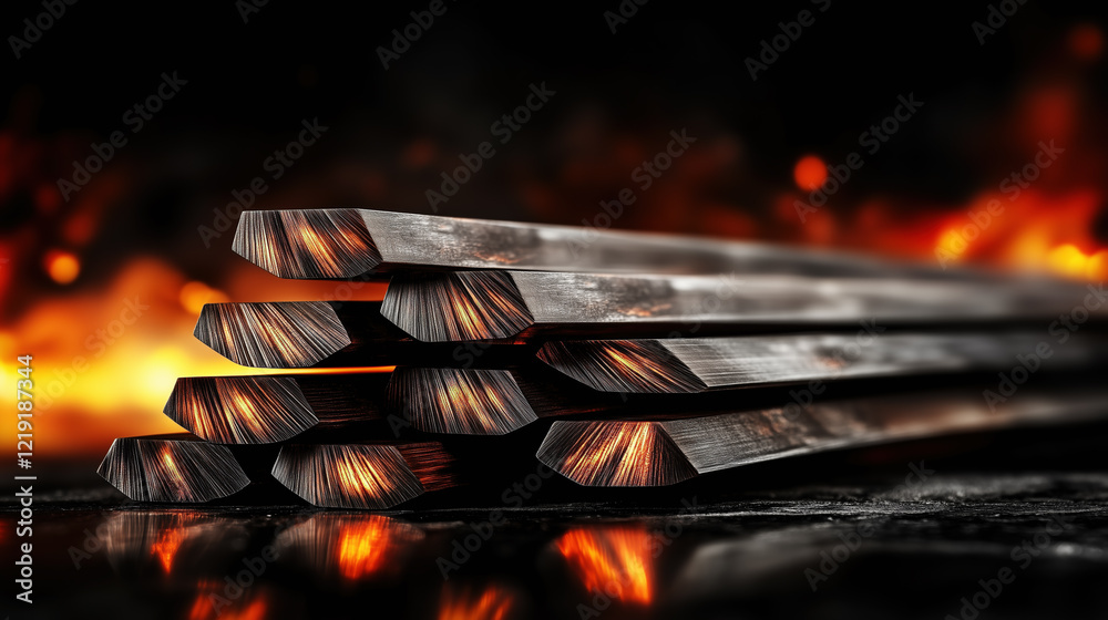 Stack of forged steel bars glowing with heat in a fiery blacksmithing ...