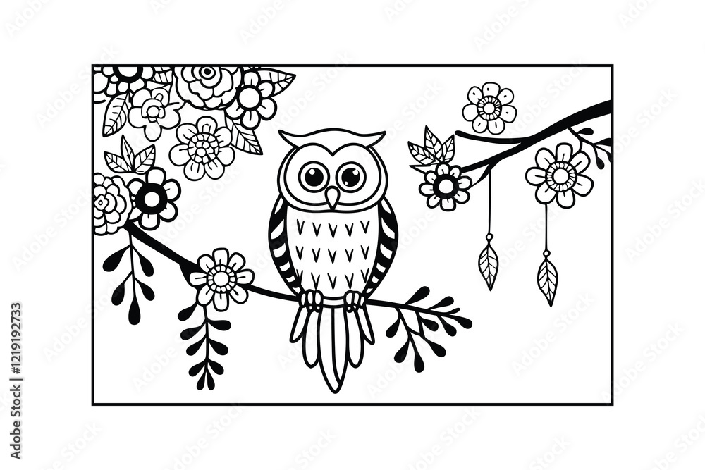 Whimsical Owl Illustration with Hanging Flowers, Line art and Outlines ...