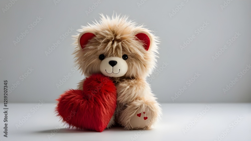adorable fluffy plushie bear holding a red heart-shaped plush toy with ...
