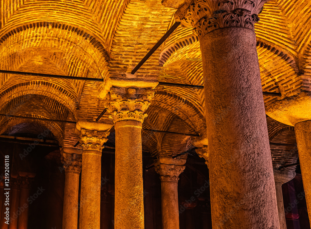 Illuminated Interior of an Ancient Underground Columned Structure ...