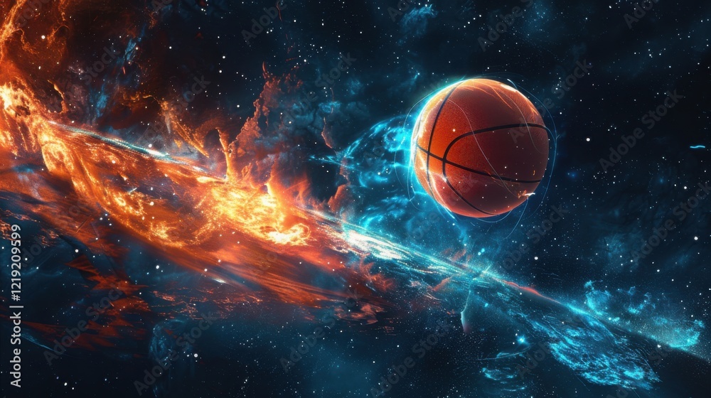 Cosmic Basketball: A fiery nebula and a basketball in space, a surreal ...