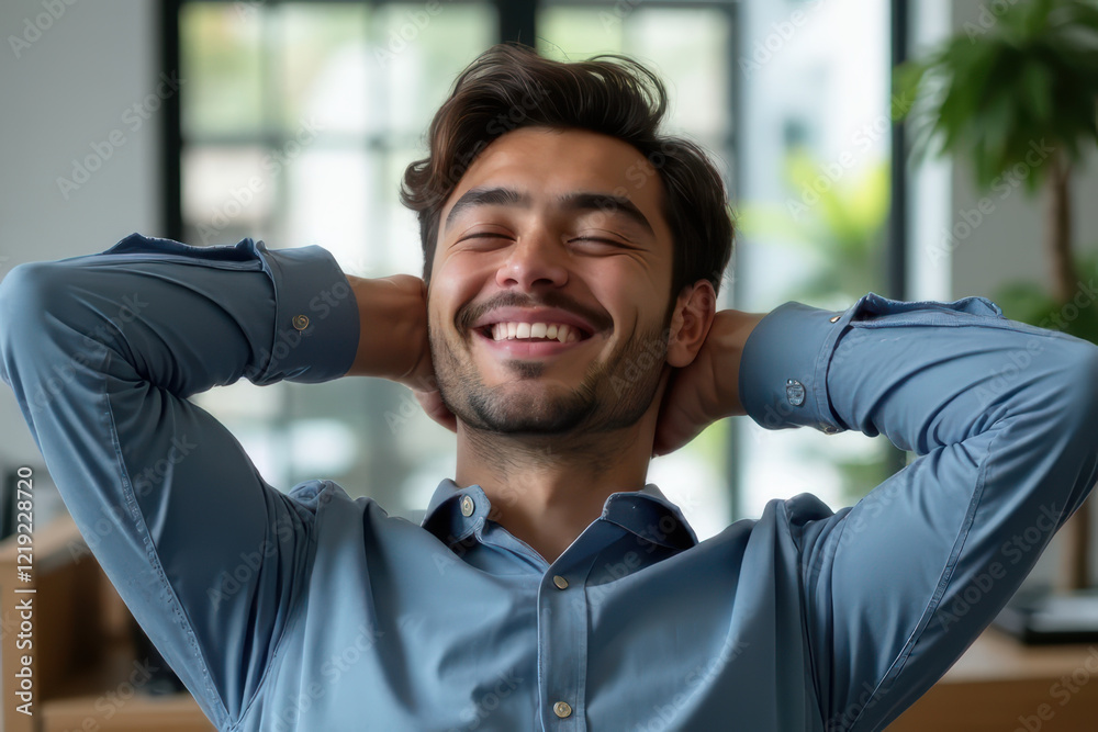 relaxed man smiling with hands behind his head in bright office setting ...
