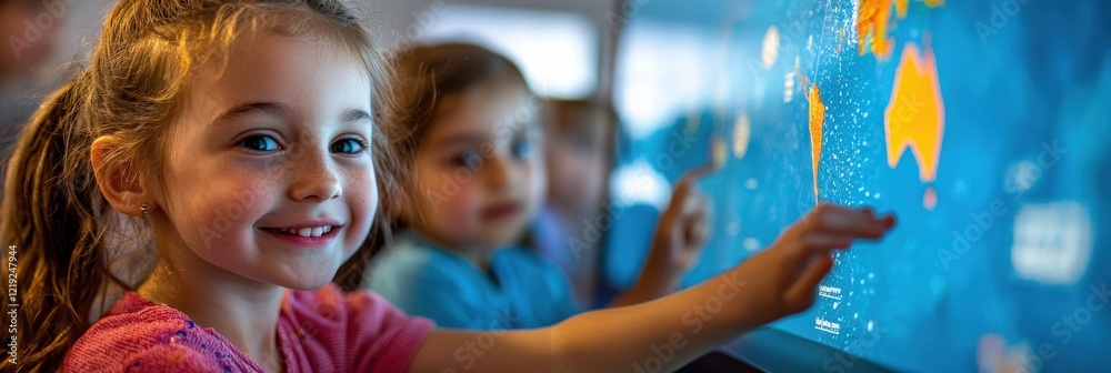 Grade school kids playing an interactive geography game on a smartboard ...