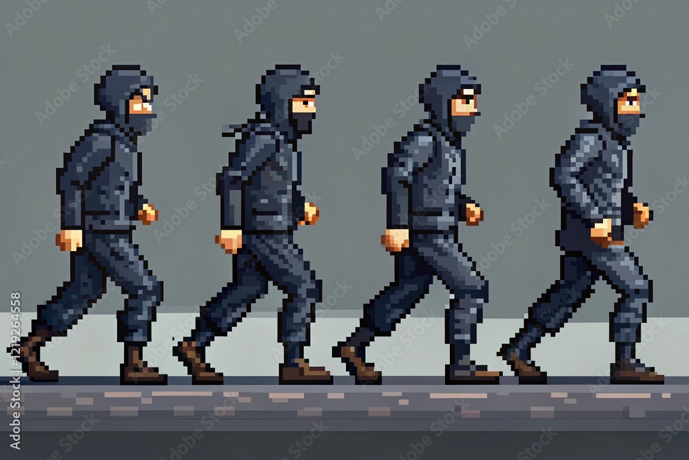 Pixel Art Bandit Sprite Sheet: 4-Frame Walking Animation in Black Stock ...