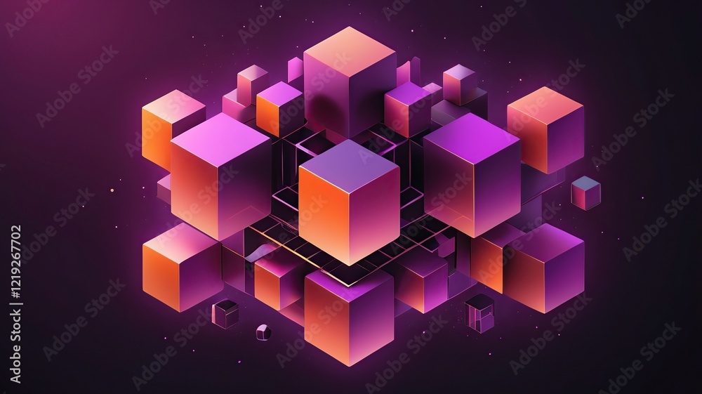 Symmetrical arrangement of geometric shapes, including cubes and ...