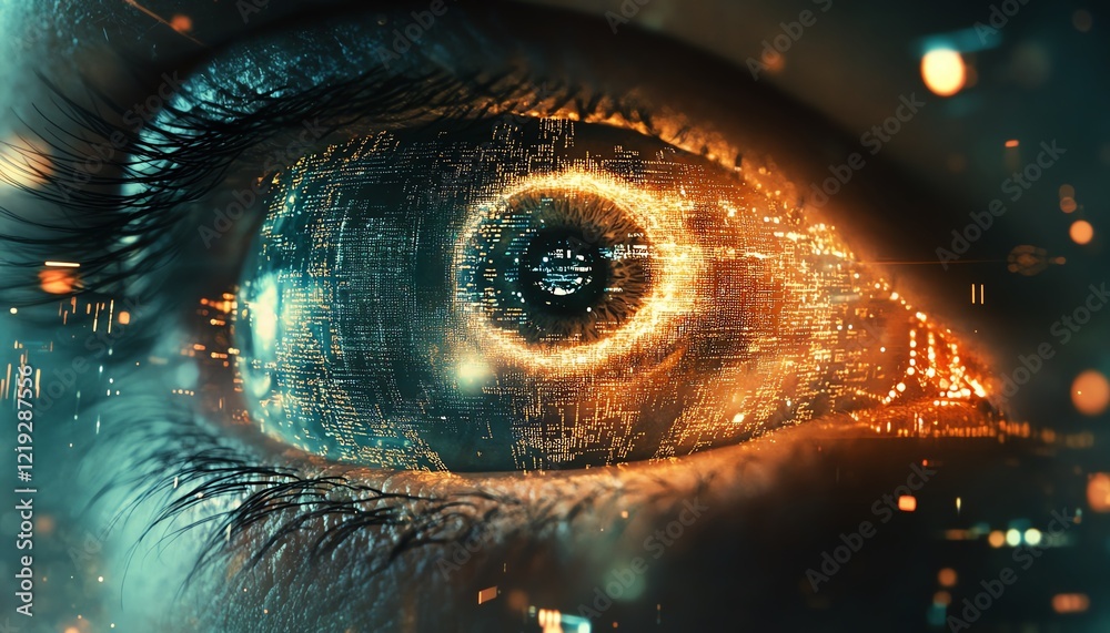 Massive eye embedded within a digital interface, surrounded by blinking ...