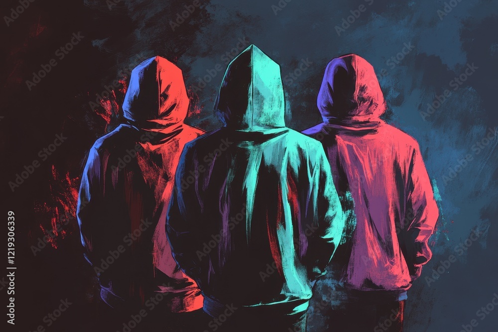 Gang members in hoodies on dark background, illustration . Three hooded ...