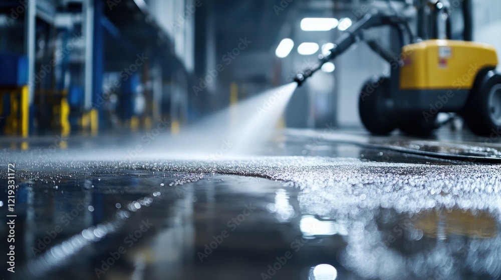 Pressure washer deep cleaning a factory floor, the concrete surface ...