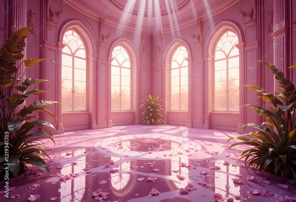 Pink palace with sun rays through arched windows and floral accents ...