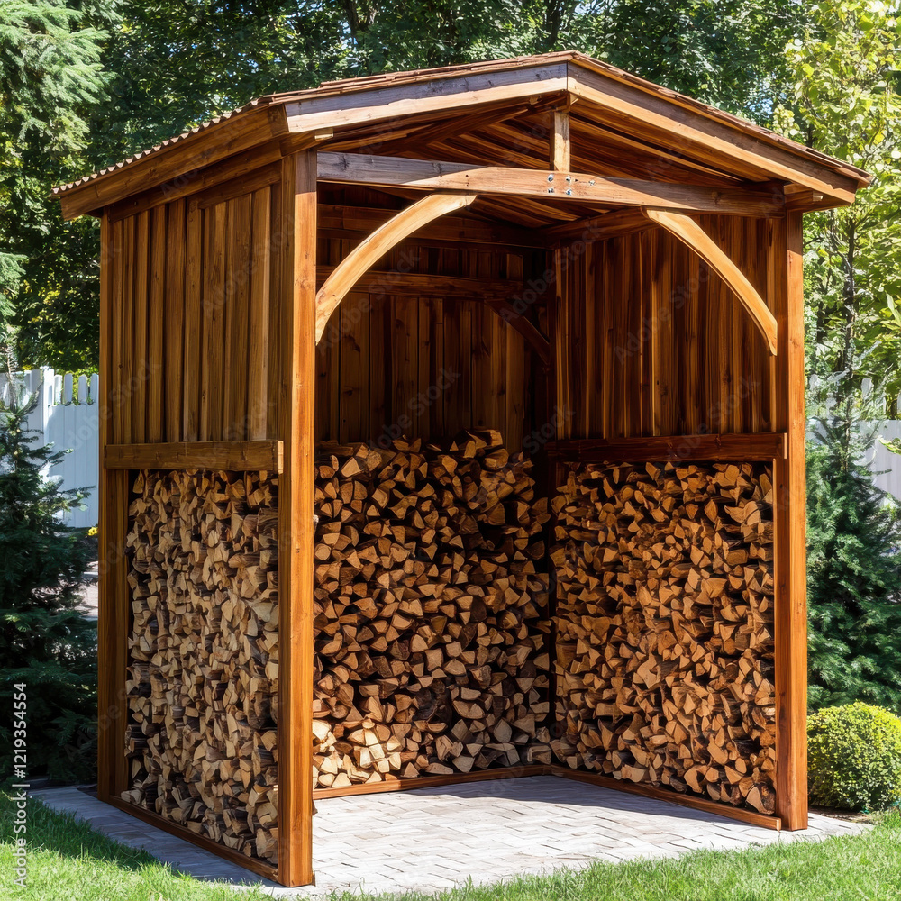 Wooden firewood storage shed with stacked logs, surrounded by greenery ...