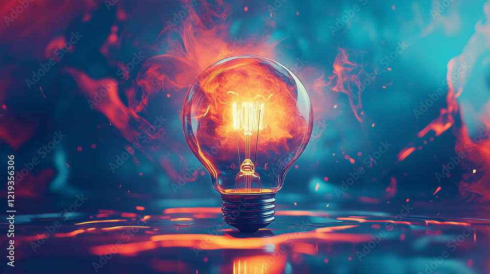Contemporary flat art, glowing incandescent light bulb surrounded by ...