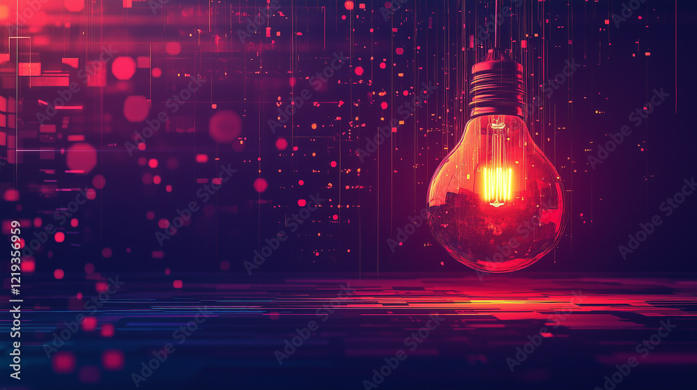 Contemporary flat art, glowing incandescent light bulb surrounded by ...