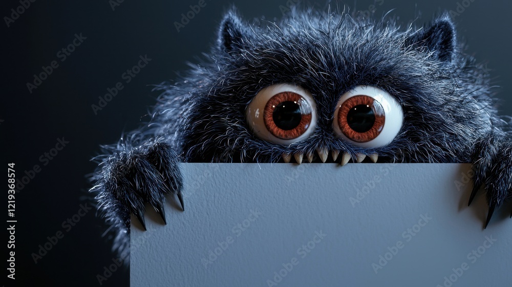 A fluffy monster character with large expressive eyes and sharp teeth ...