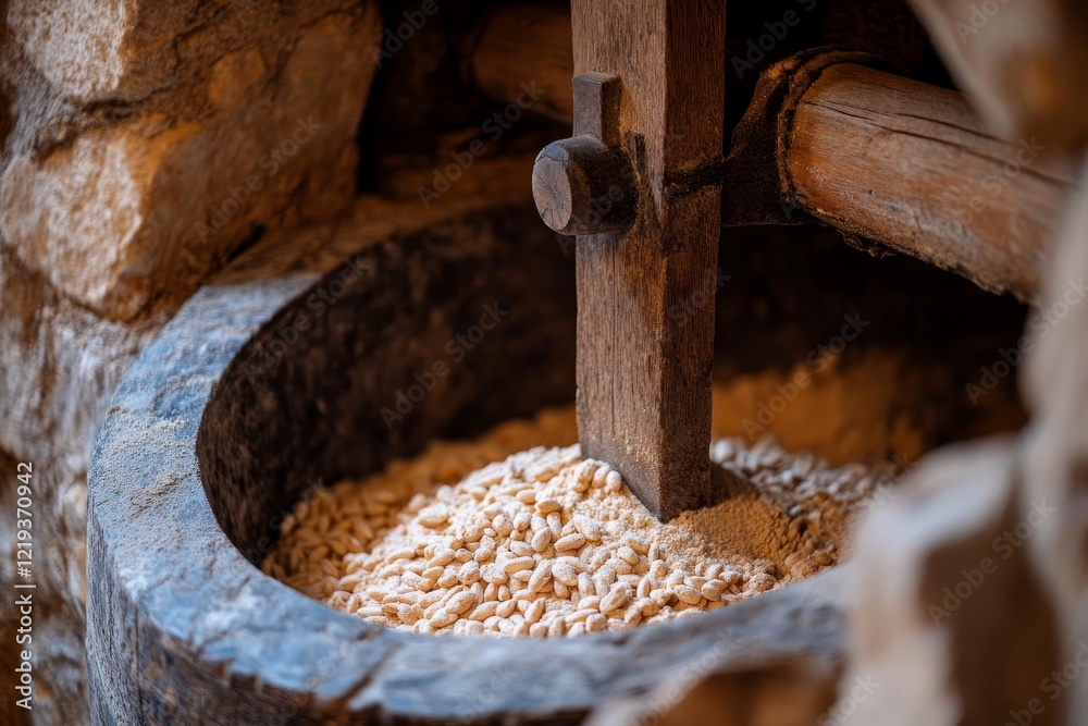 Wheat being ground in a traditional stone mill at a historic location ...